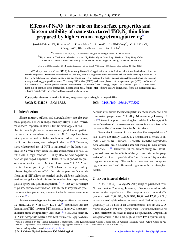 (PDF) Biocompatibility of TiOxNy Films on NiTi Alloys