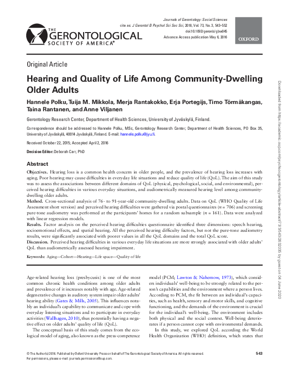 (PDF) Hearing and Quality of Life Among Community-Dwelling Older Adults