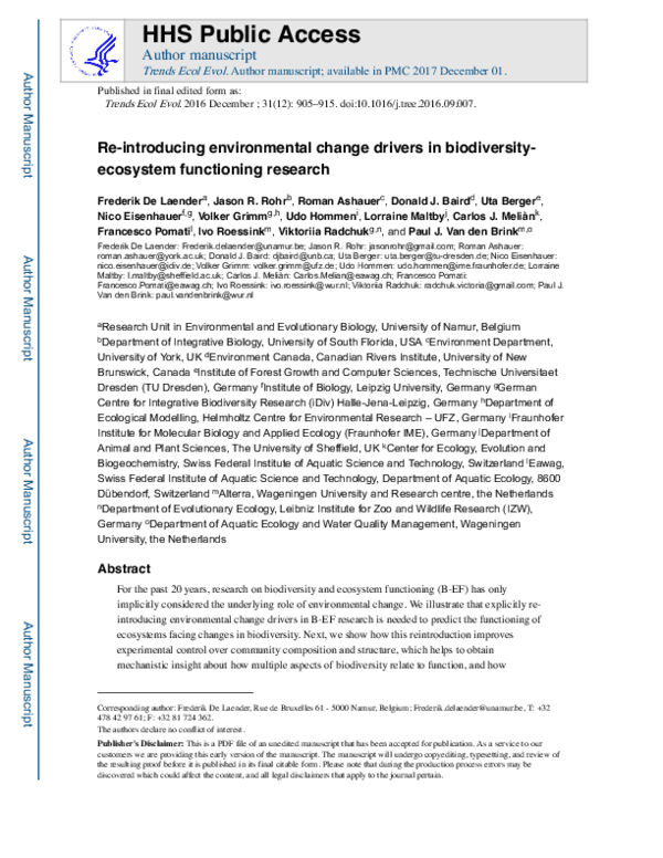 (PDF) Reintroducing Environmental Change Drivers in Biodiversity–Ecosystem Functioning Research