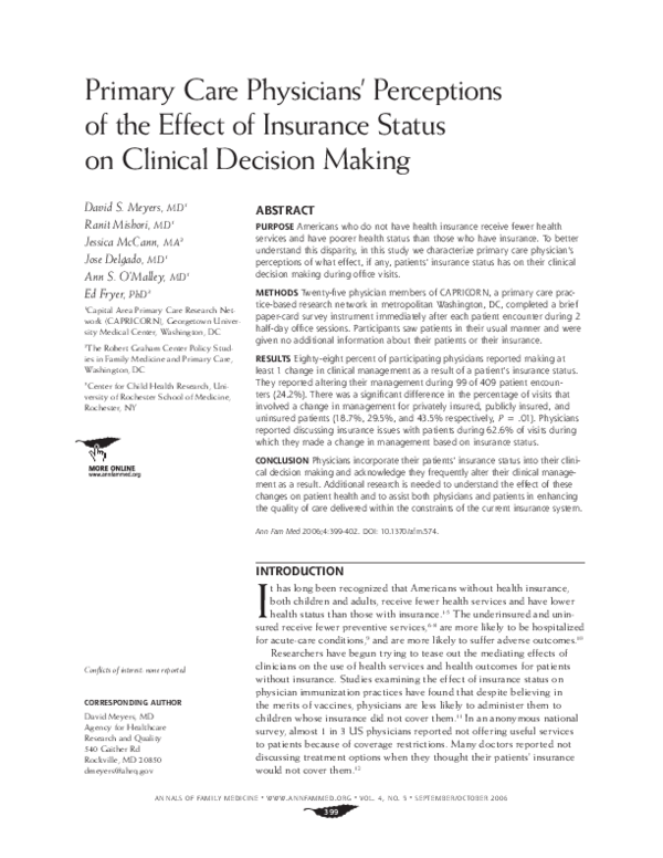 (PDF) Primary Care Physicians' Perceptions of the Effect of Insurance ...