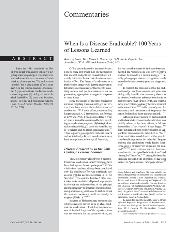 (PDF) When is a Disease Eradicable? 100 Years of Lessons Learned