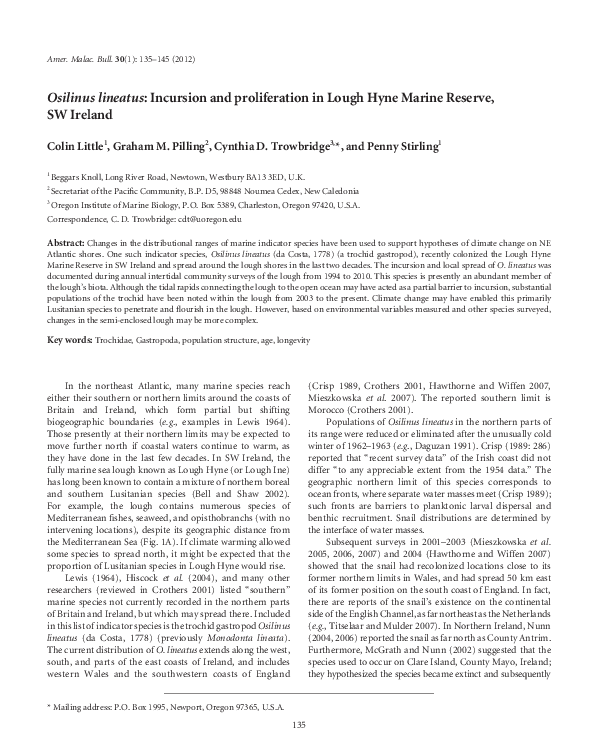 (PDF) Osilinus lineatus : Incursion and Proliferation in Lough Hyne ...