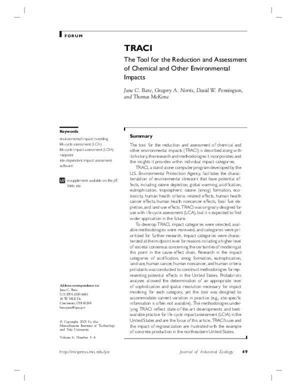 (PDF) Traci.: The Tool for the Reduction and Assessment of Chemical and ...
