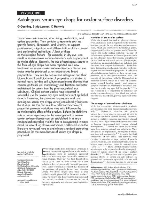(PDF) Autologous serum eye drops for ocular surface disorders