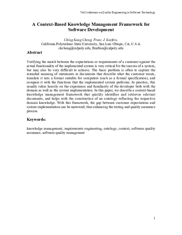 (PDF) A Context-Based Knowledge Management Framework for Software Development