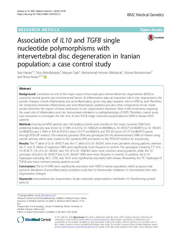 (PDF) Association of IL10 and TGFB single nucleotide polymorphisms with intervertebral disc ...