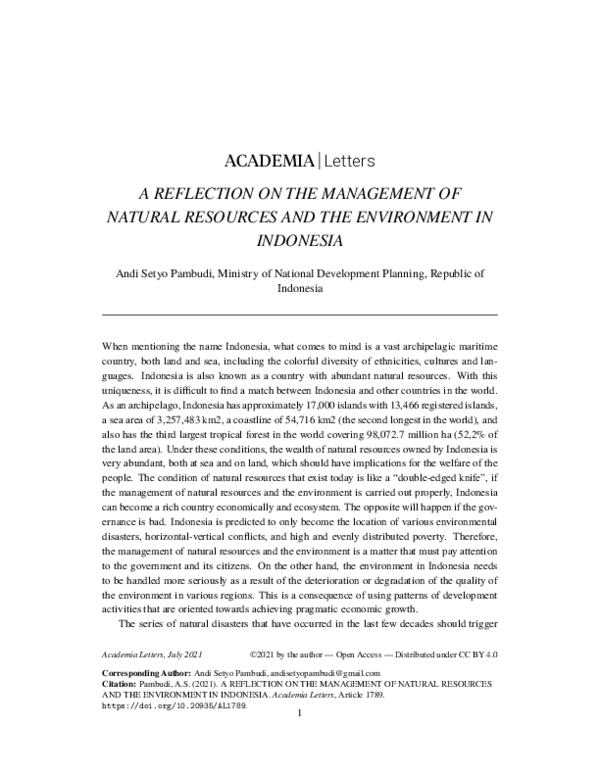 (PDF) A REFLECTION ON THE MANAGEMENT OF NATURAL RESOURCES AND THE ...