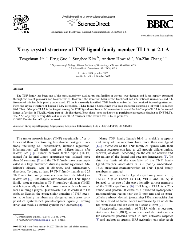 (PDF) X-ray crystal structure of TNF ligand family member TL1A at 2.1Å