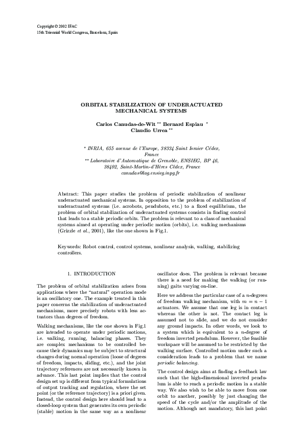 (PDF) Orbital stabilization of underactuated mechanical systems