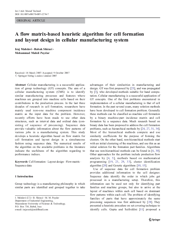 (PDF) A flow matrix-based heuristic algorithm for cell formation and layout design in cellular ...