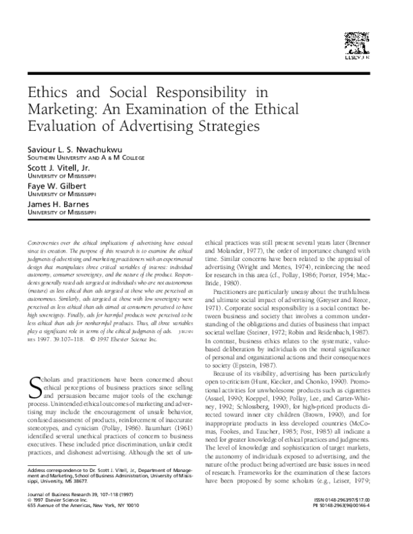 (PDF) Ethics and social responsibility in marketing: an examination of ...