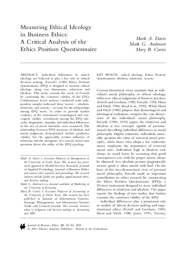 (PDF) Measuring ethical ideology in business ethics: A critical ...