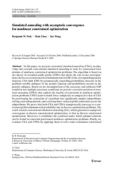 (PDF) Simulated annealing with asymptotic convergence for nonlinear constrained optimization