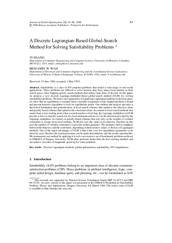 (PDF) A discrete Lagrangian-based global-search method for solving satisfiability problems