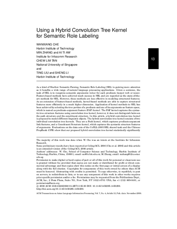 (PDF) Using a Hybrid Convolution Tree Kernel for Semantic Role Labeling