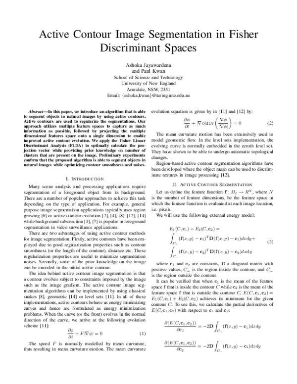 (PDF) Active Contour Image Segmentation in Fisher Discriminant Spaces