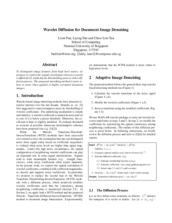 (PDF) Wavelet diffusion for document image denoising