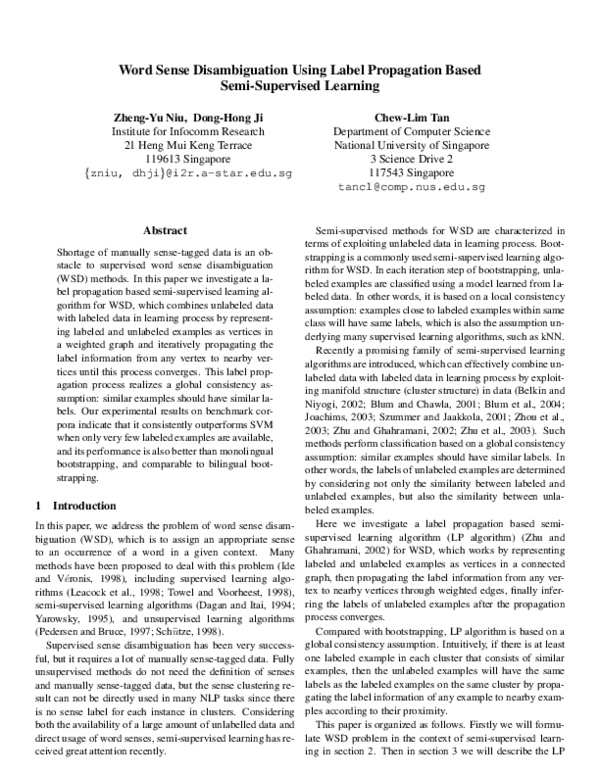 (PDF) Word sense disambiguation using label propagation based semi-supervised learning