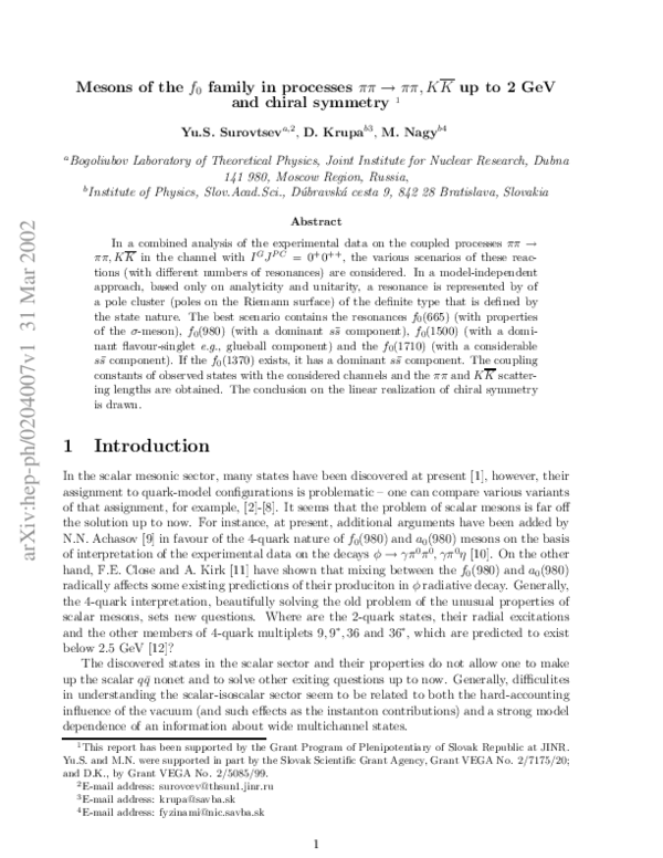 (PDF) Mesons of the $f_0$-family in the processes $\pi\pi\to\pi\pi,K ...