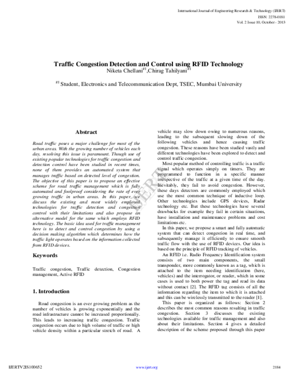 (PDF) IJERT-Traffic Congestion Detection and Control using RFID Technology