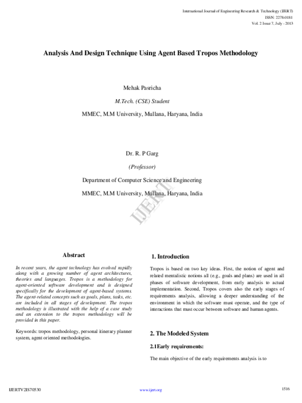 Pdf Ijert Analysis And Design Technique Using Agent Based Tropos Methodology Ijert Journal