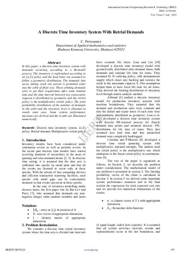 (PDF) IJERT-A Discrete Time Inventory System With Retrial Demands