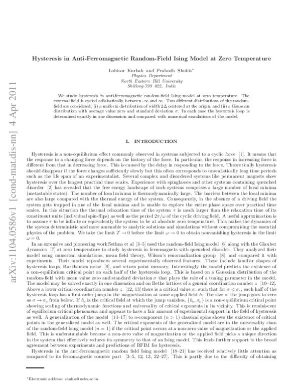 (PDF) Hysteresis in the antiferromagnetic random-field Ising model at zero temperature