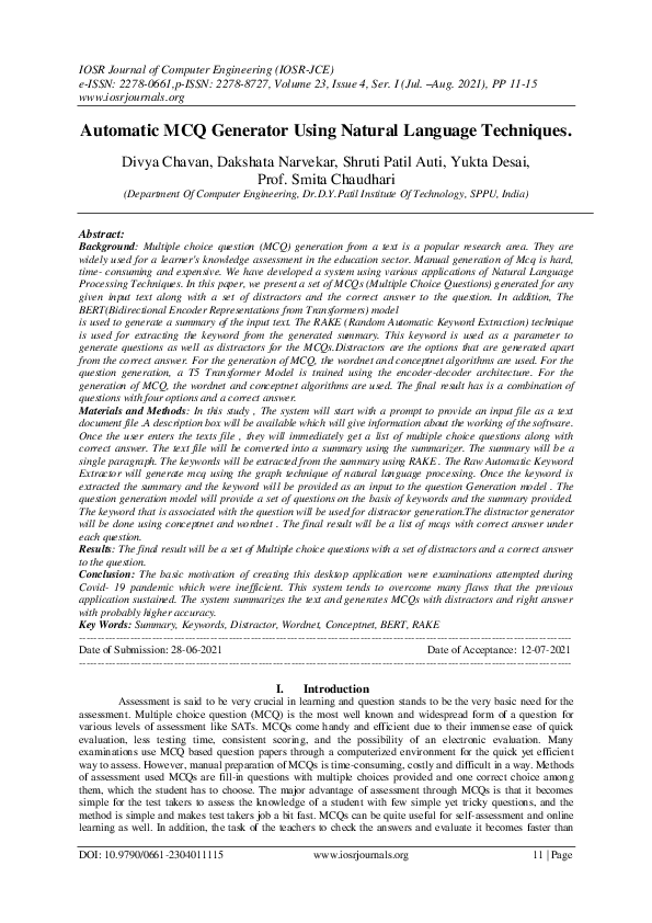 (PDF) Automatic MCQ Generator Using Natural Language Techniques