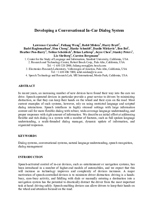 (PDF) Developing a Conversational In-Car Dialog System | Elizabeth ...