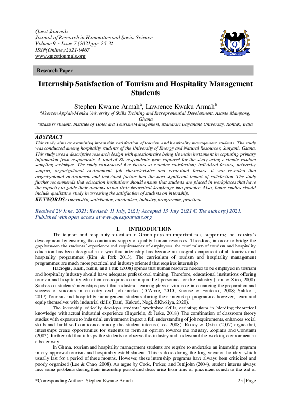 (PDF) Internship Satisfaction of Tourism and Hospitality Management ...