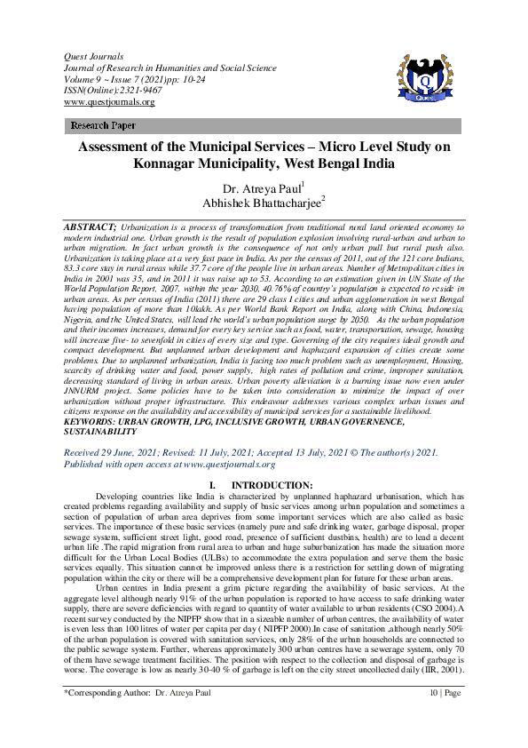 (PDF) Assessment of the Municipal Services -Micro Level Study on ...