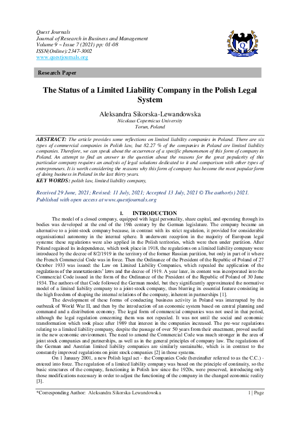 (PDF) The Status of a Limited Liability Company in the Polish Legal System