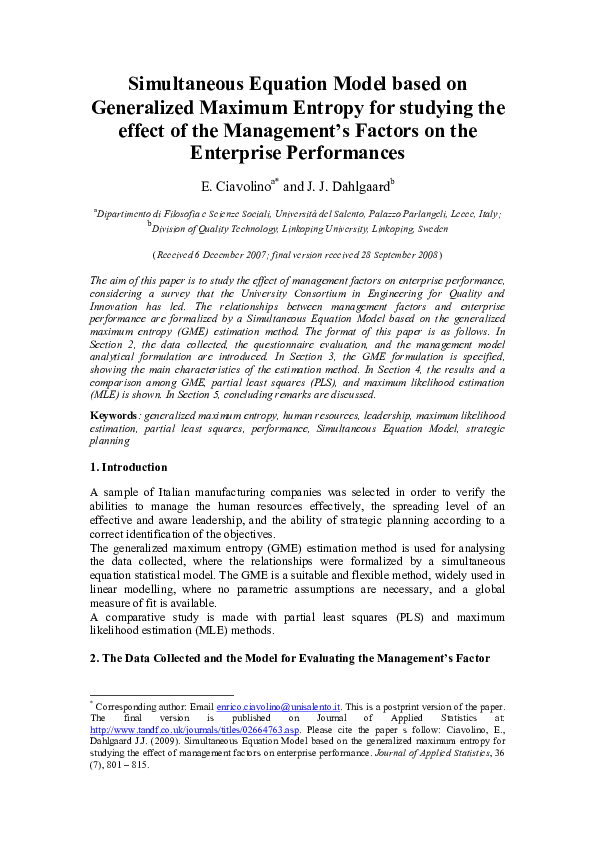 (PDF) Simultaneous Equation Model based on the generalized maximum entropy for studying the ...