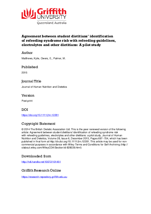 (PDF) Agreement between student dietitians' identification of refeeding ...