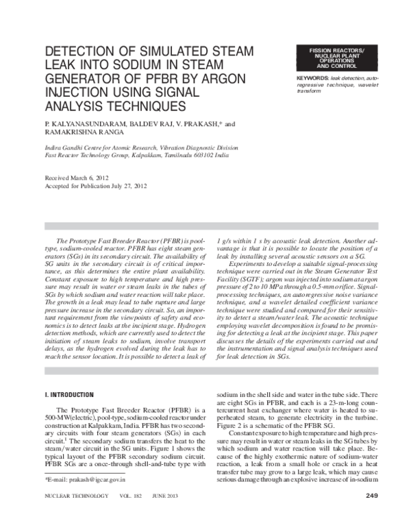 (PDF) Detection of Simulated Steam Leak Into Sodium in Steam Generator ...