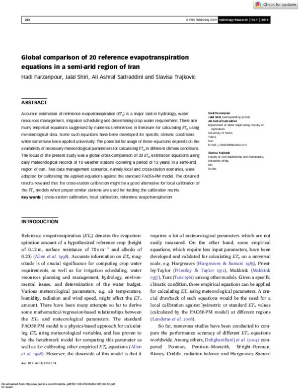 Pdf Global Comparison Of 20 Reference Evapotranspiration Equations In A Semi Arid Region Of Iran