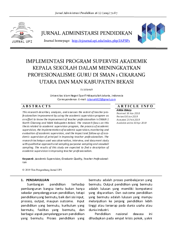 (PDF) Implementasi Program Supervisi Akademik Kepala Sekolah Dalam Meningkatkan Profesionalisme ...