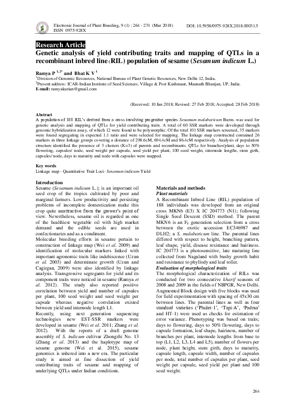 (PDF) Genetic analysis of yield contributing traits and mapping of QTLs in a recombinant inbred ...