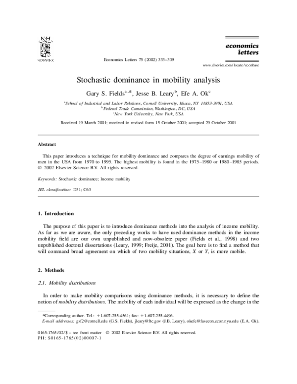 Pdf Stochastic Dominance In Mobility Analysis