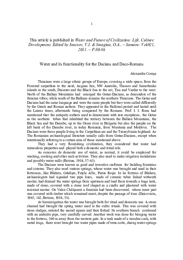 (PDF) Water and its functionality for the Dacians and Daco-Romans