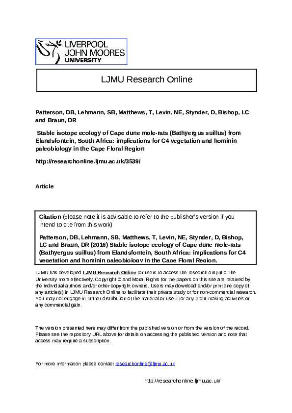 (PDF) Stable isotope ecology of Cape dune mole-rats (Bathyergus suillus ...
