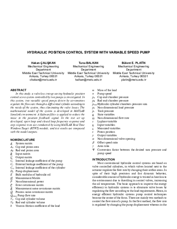 (PDF) Hydraulic Position Control System With Variable Speed Pump