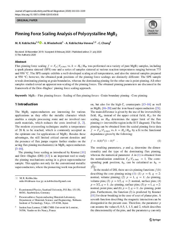 (PDF) Pinning Force Scaling Analysis of Polycrystalline MgB2