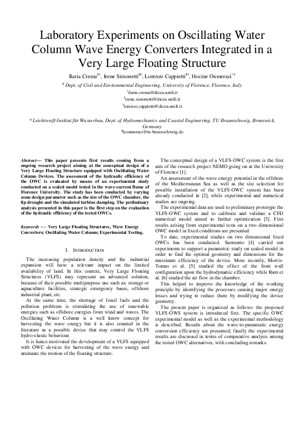 (PDF) Laboratory Experiments on Oscillating Water Column Wave Energy Converters Integrated in a ...