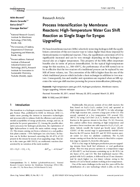 (PDF) Process Intensification by Membrane Reactors: High-Temperature ...