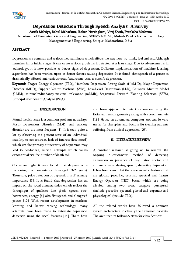 (PDF) Depression Detection Through Speech Analysis : A Survey