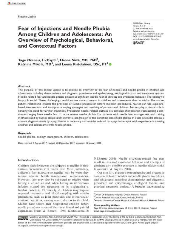 (PDF) Fear of Injections and Needle Phobia Among Children and ...