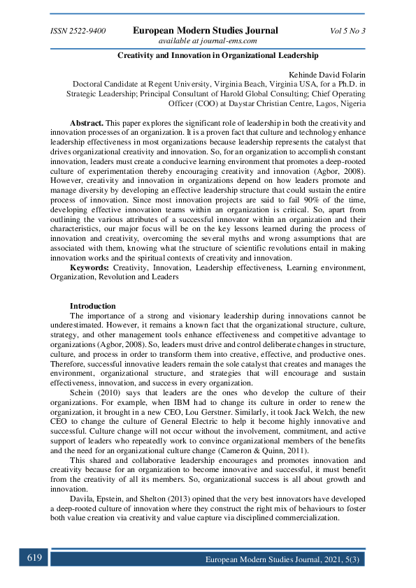 (PDF) Creativity and Innovation in Organizational Leadership