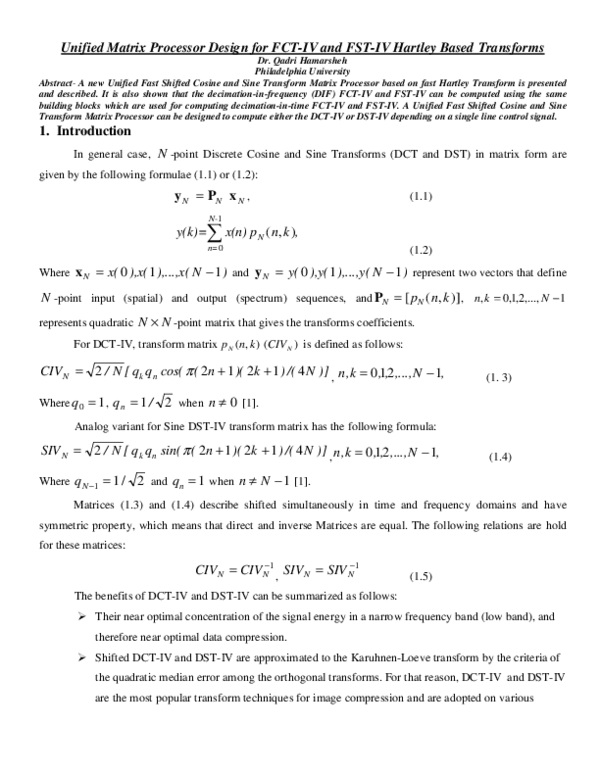 (PDF) Unified Matrix Processor Design for FCT-IV and FST-IV Hartley Based Transforms