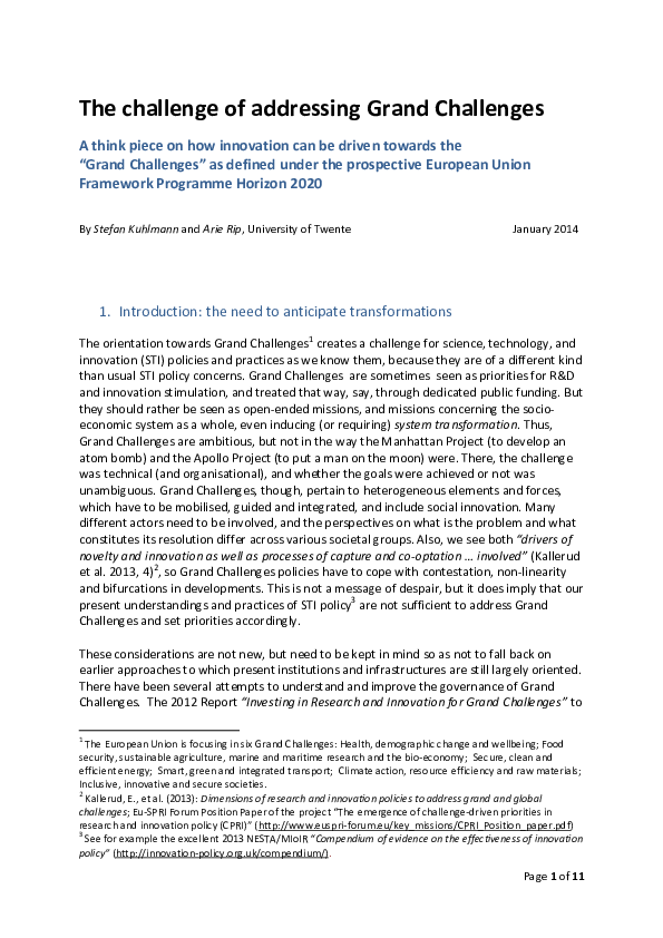 (PDF) The challenge of addressing Grand Challenges: a think piece on ...